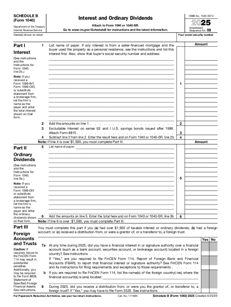 2025 Form IRS 1040 - Schedule B Fill Online, Printable, Fillable, Blank ...