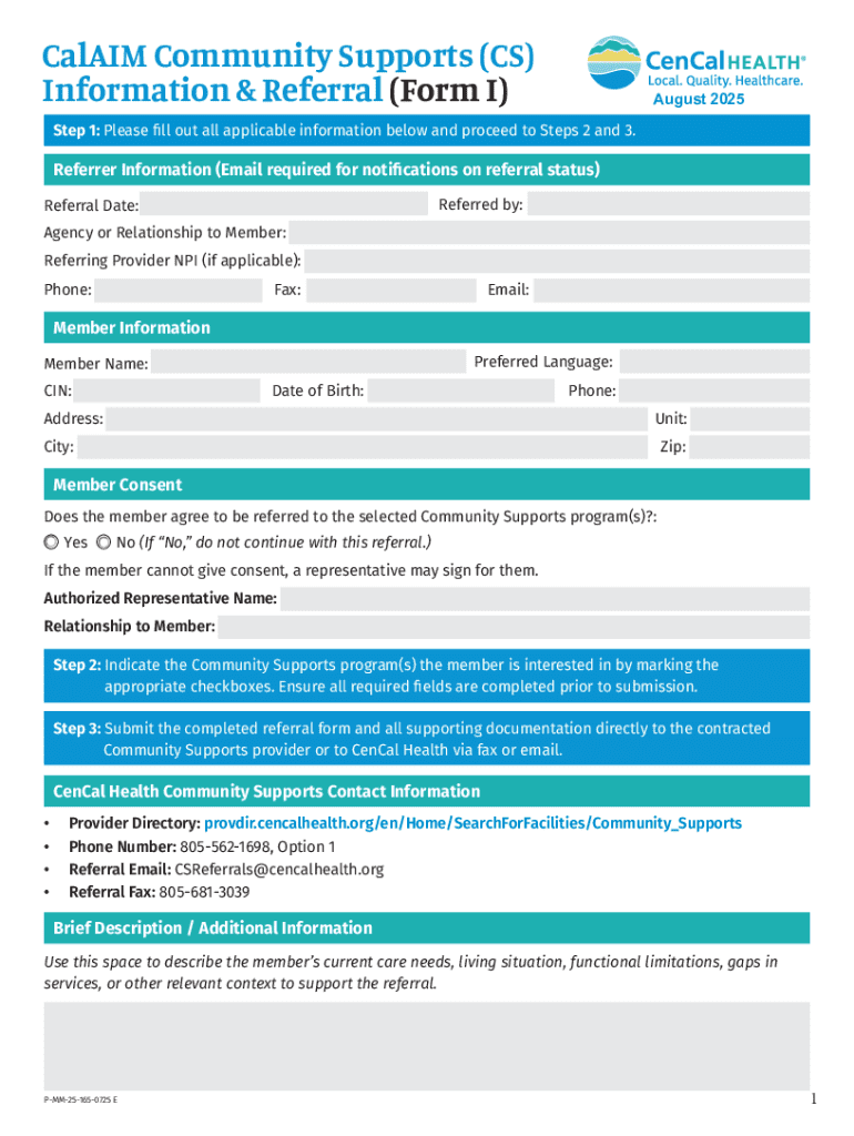 Fillable Online CalAIM Community Supports (CS) Information & Referral (Form I) Fax Email Print ...