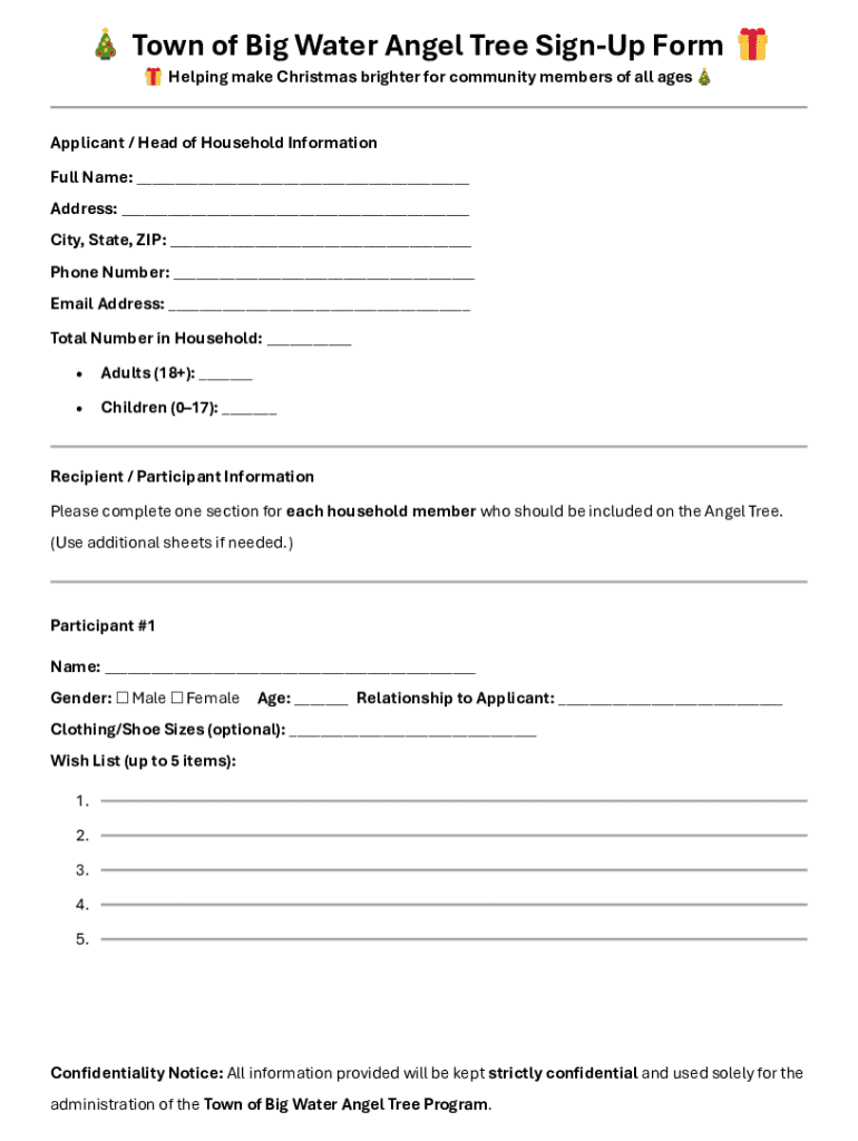 Fillable Online Town of Big Water Angel Tree Sign-Up Form Fax Email ...