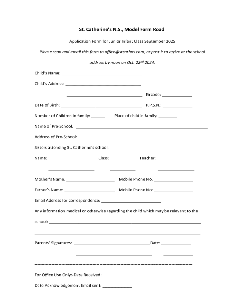 Fillable Online Junior Infants Application form now available to download. Fax Email Print ...