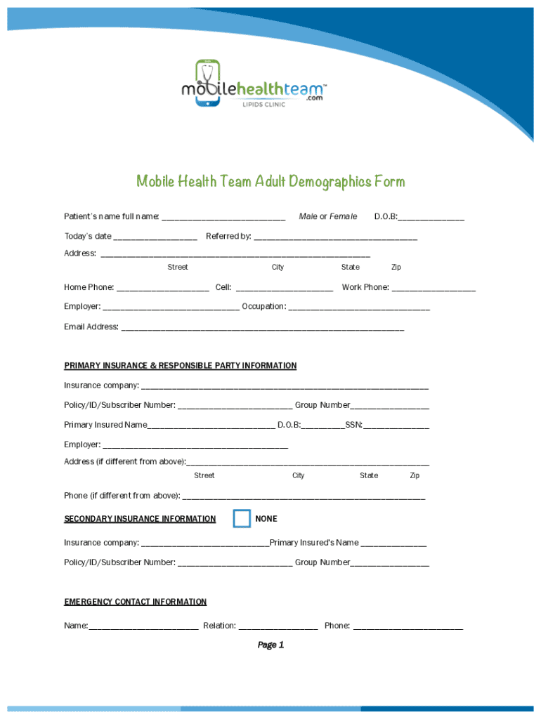 Fillable Online Mobile Health Team Adult Demographics Form Fax Email ...