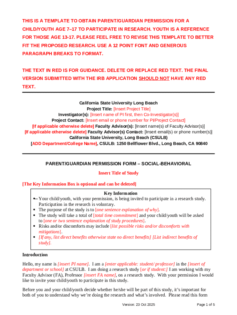 IRB Parental-Guardian Permission Sample Template Doc Template | pdfFiller