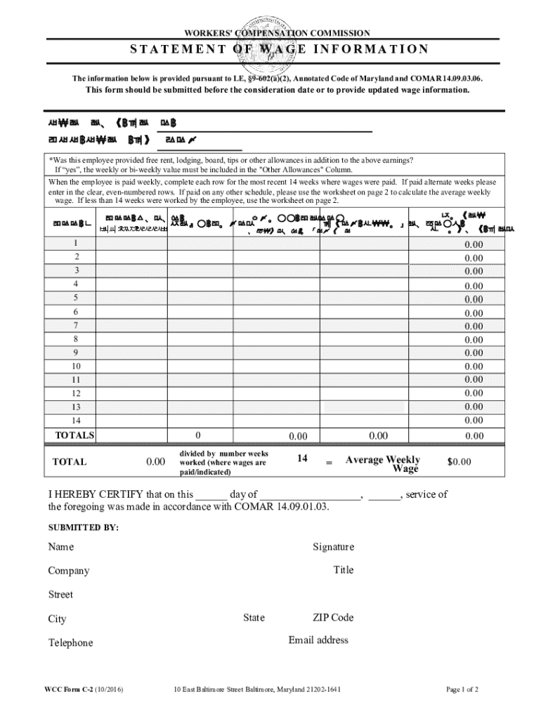 Maryland Workers' Compensation Wage Information Form - Blank Fillable ...