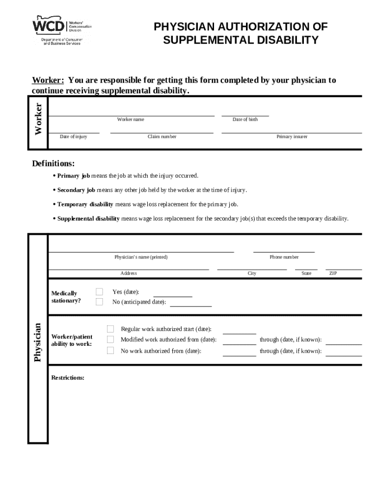 Physician Authorization of Supplemental Disability Oregon - wcd oregon Doc Template | pdfFiller