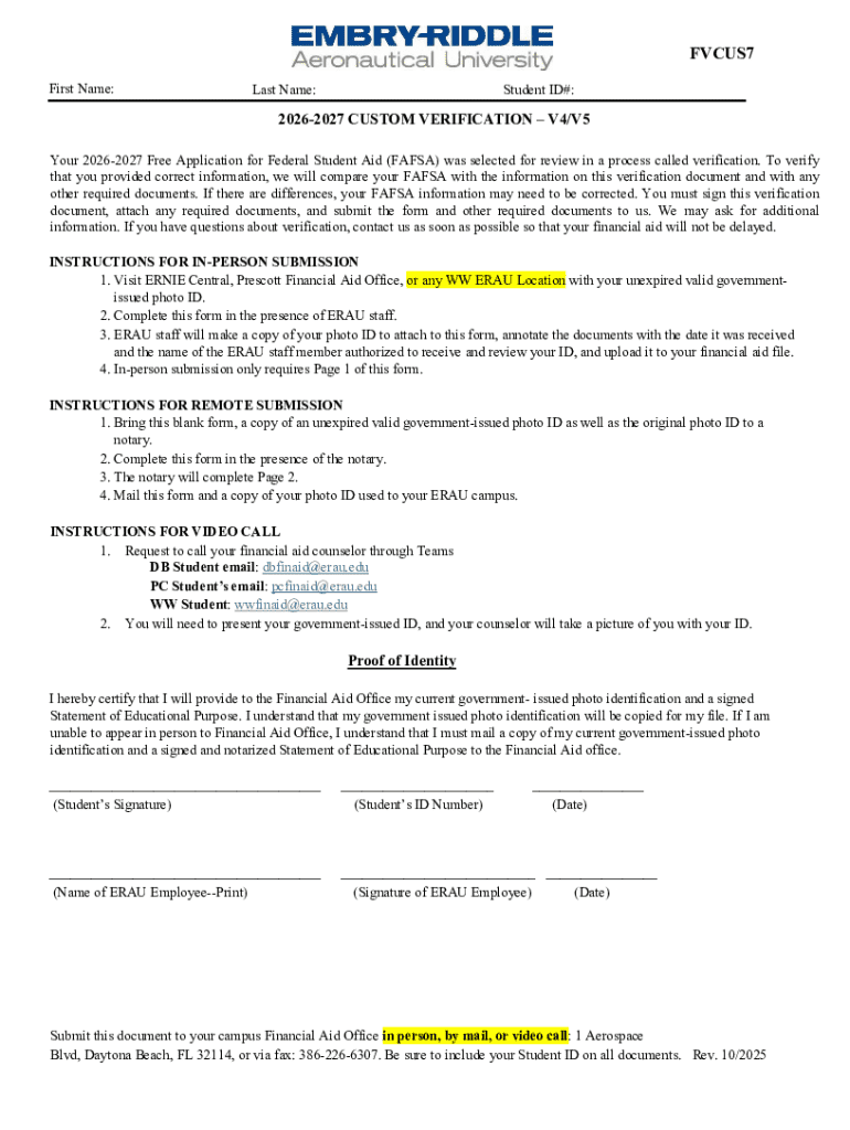 Fillable Online 2026-2027 Custom Verification Form. Financial aid forms ...
