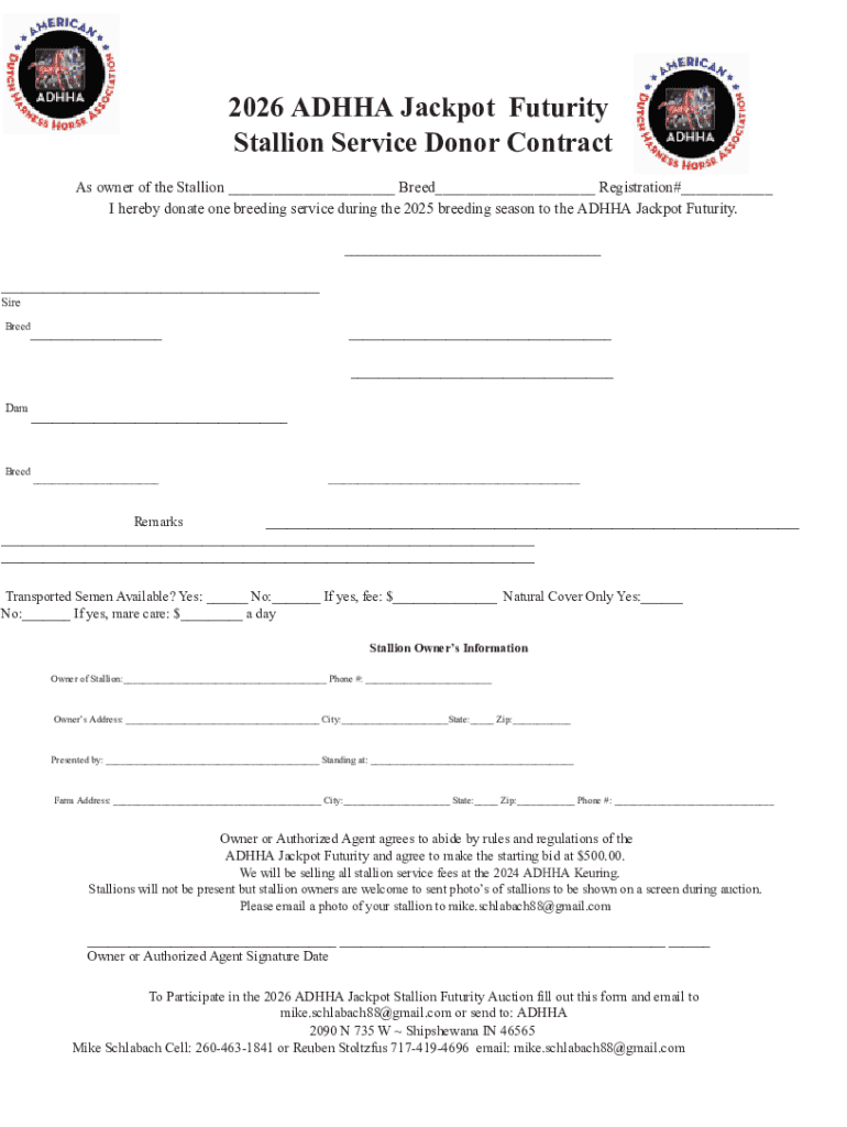 Fillable Online 2026 ADHHA Jackpot Futurity Stallion Service Donor ...