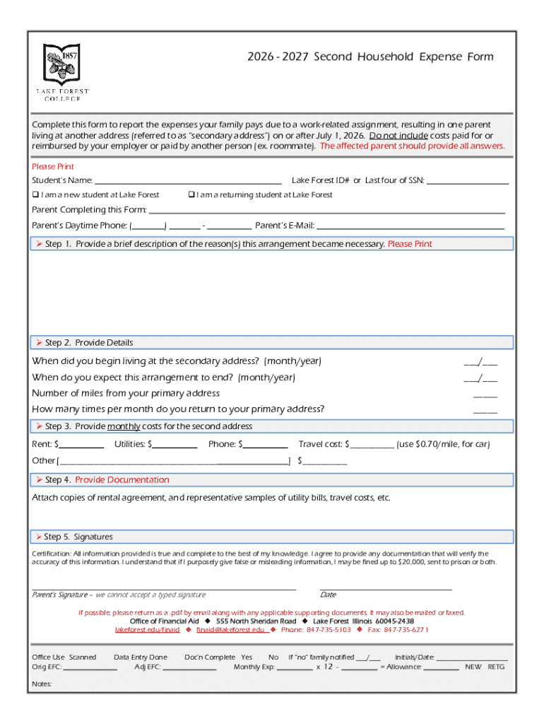 Fillable Online 2026 - 2027 Second Household Expense Form Fax Email ...