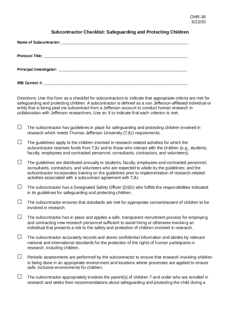 Subcontractor Checklist: Safeguarding and Protecting Children Doc Template | pdfFiller