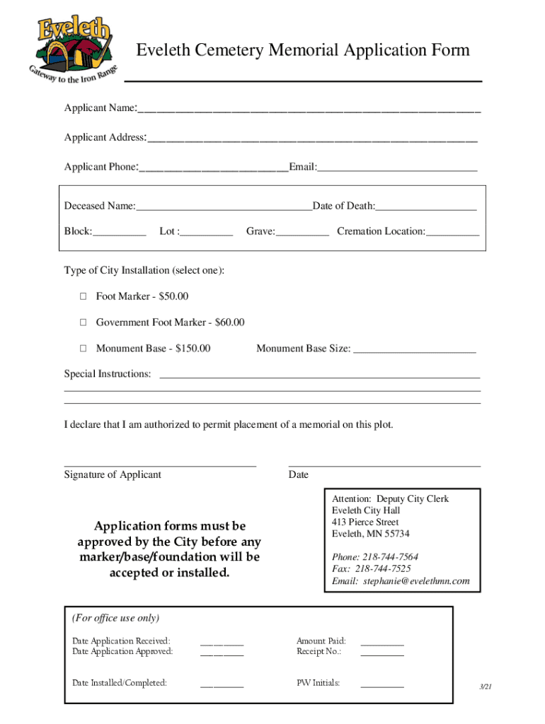 Fillable Online Eveleth Cemetery Memorial Application Form Fax Email ...
