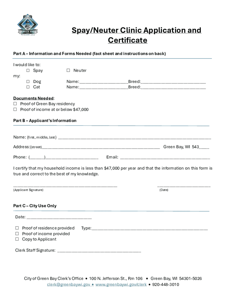 Fillable Online Spay/Neuter Clinic Application and Certificate Green ...