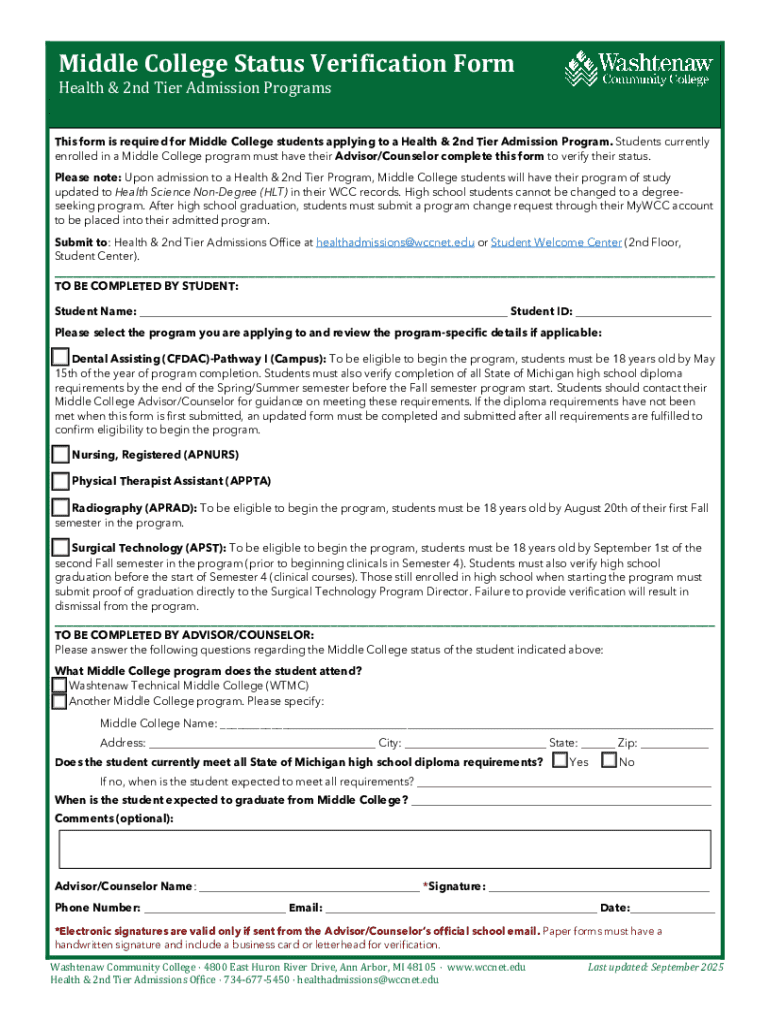 Fillable Online Middle College Status Verification Form Fax Email Print ...