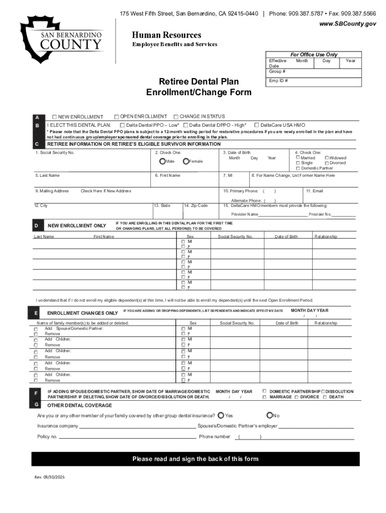 Fillable Online Retiree Dental Plan Enrollment/Change Form Fax Email Print - pdfFiller