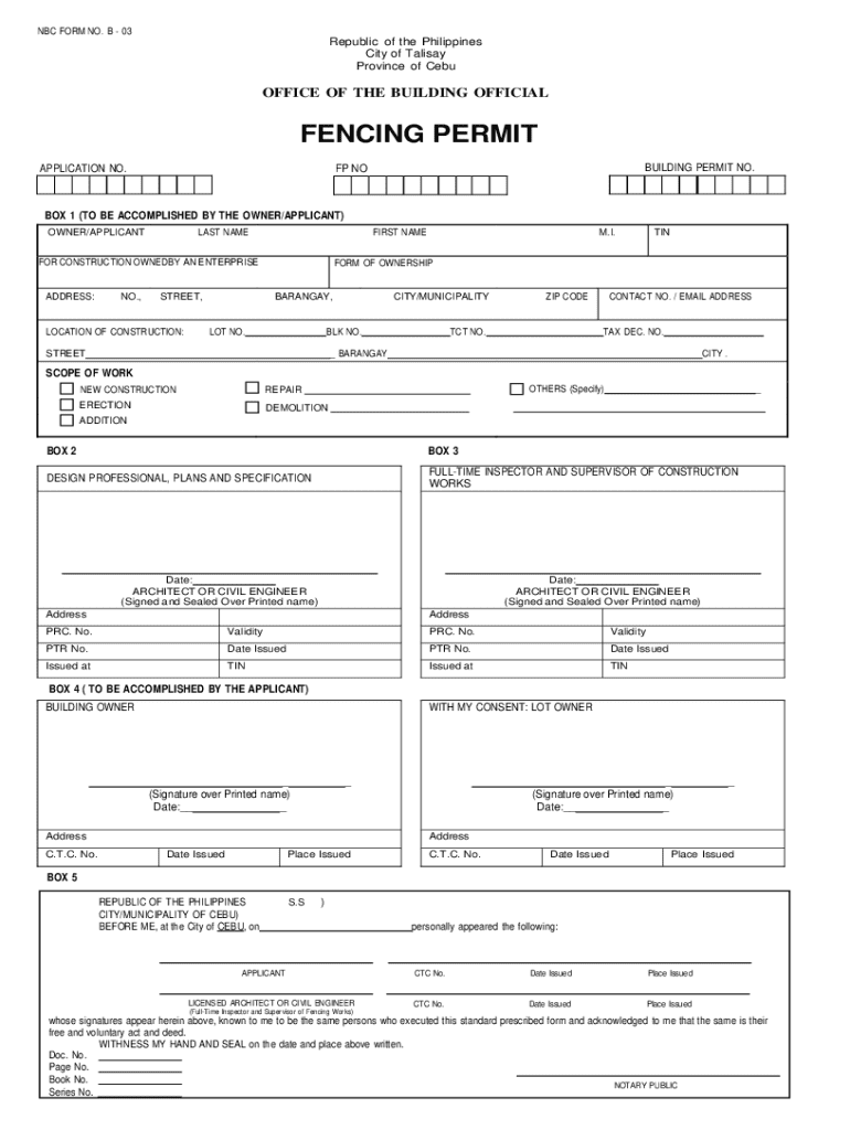 Fillable Online Fencing Permit Application - NBC Form No. B-03 Submission Fax Email Print ...