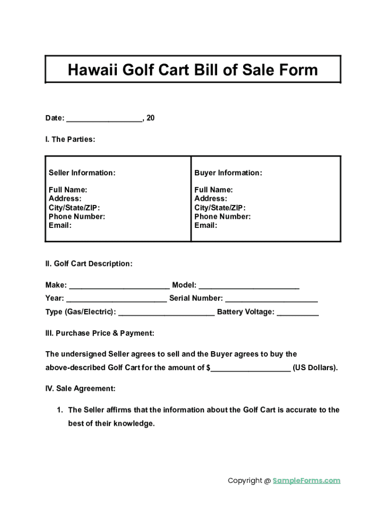 Fillable Online Hawaii Golf Cart Bill of Sale Form Fax Email Print ...