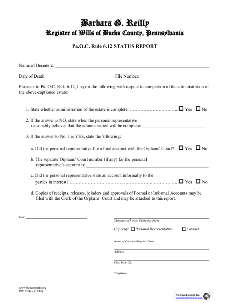 Fillable Online Status Report Under Rule 6.12 :: Pennsylvania :: Probate :: Bucks Fax Email ...