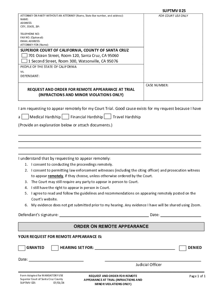 Fillable Online SUPTMV-025 - Request and Order for Remote Appearance at Trial ... Fax Email ...