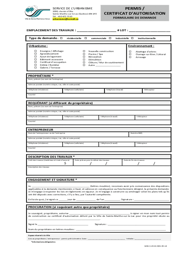 Remplissable en ligne Formulaire de demande de permis / certificat d'autorisation Fax Email ...