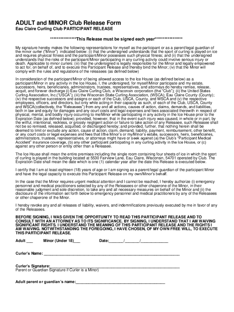 Fillable Online ADULT and MINOR Club Release Form Fax Email Print ...