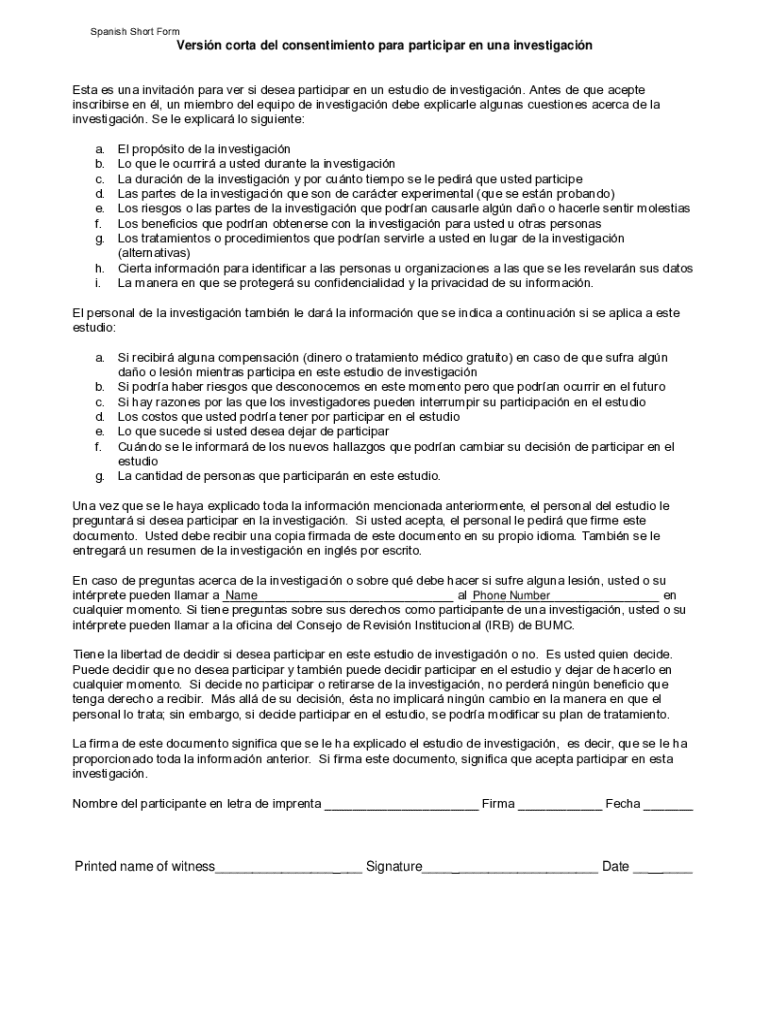 Rellenable en línea 613-TEMPLATE-Informed-consent-short-form- ... Fax ...