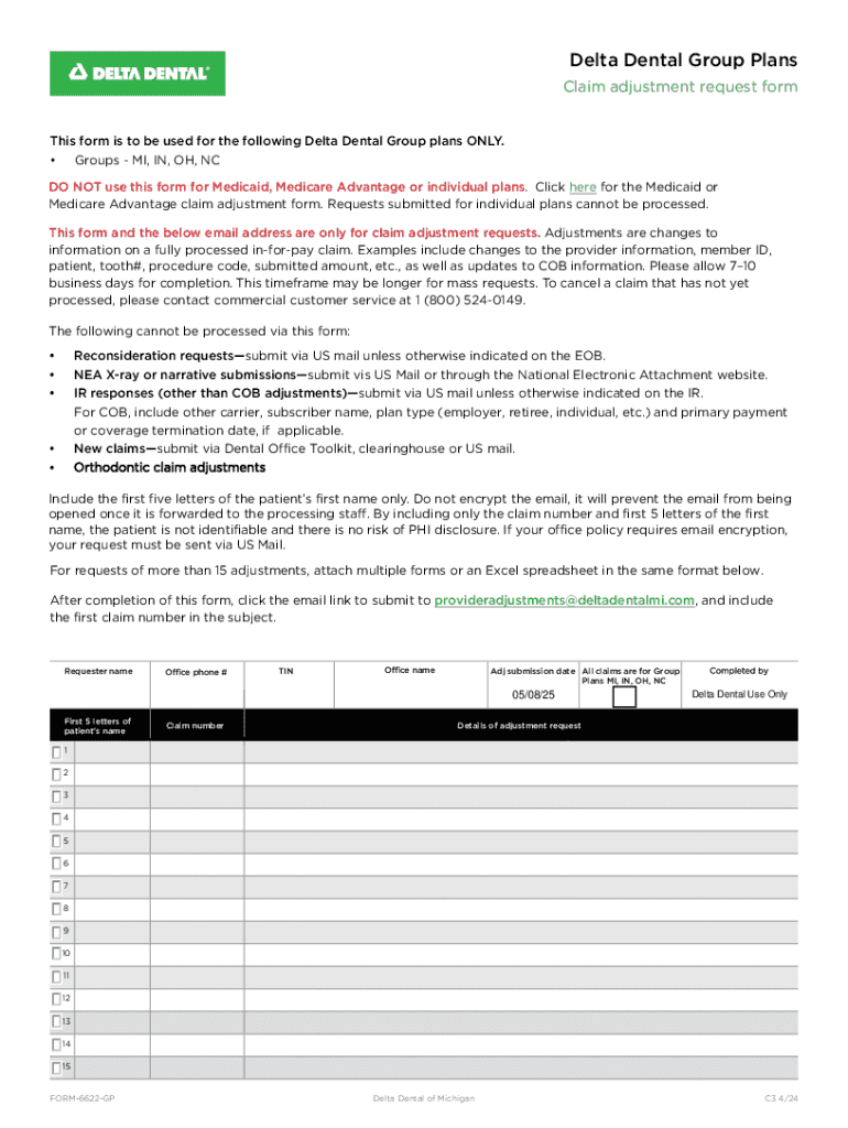 Fillable Online Delta Dental Group Plans - Claim adjustment request ...