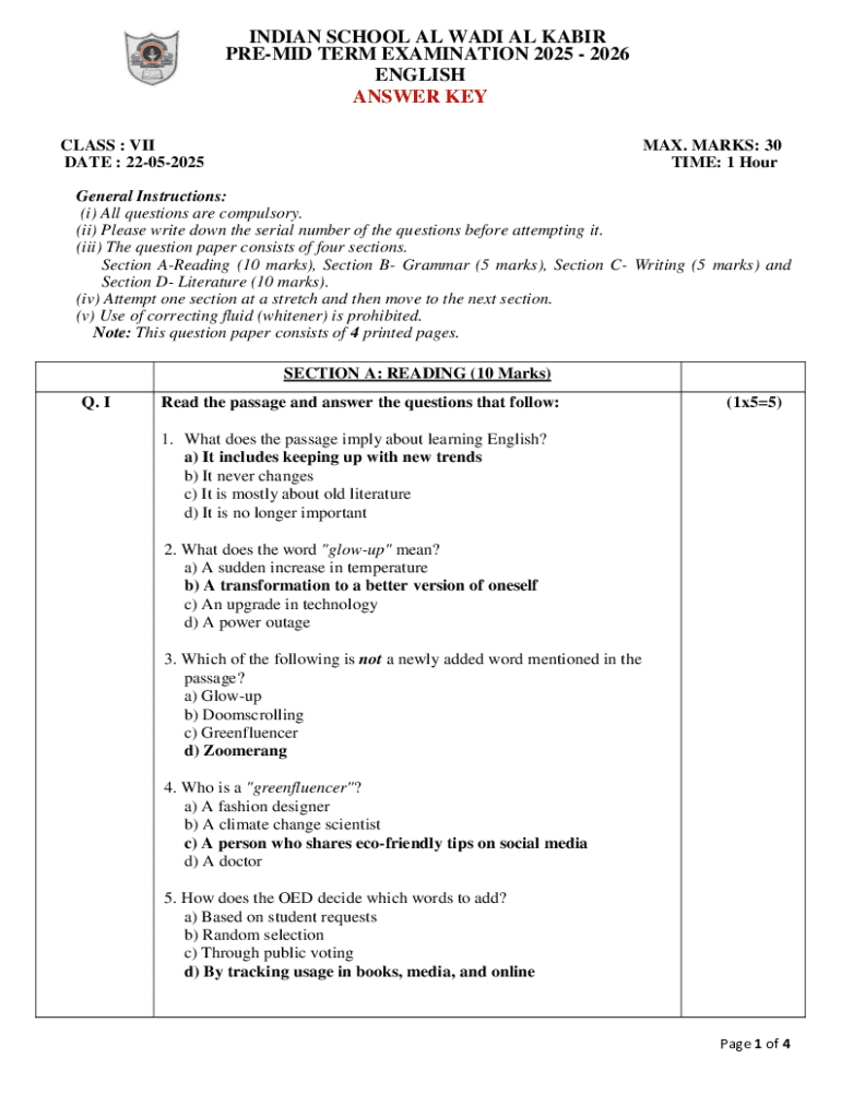 Fillable Online Grade 7 English Midterm Sample Paper Answer Key 2025-26 Fax Email Print - pdfFiller