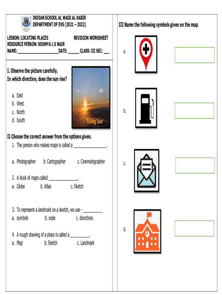 Fillable Online Locating Places Class 3 EVS Worksheet (Total Marks 40 ...