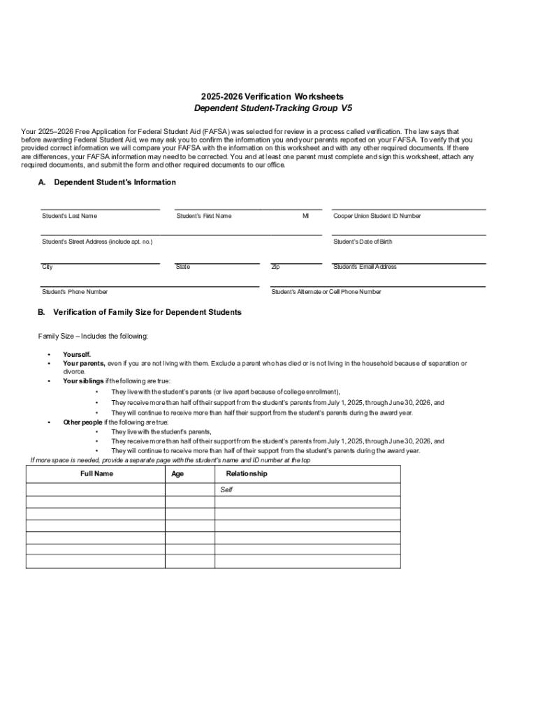 Fillable Online 2025-2026 Verification Worksheet Dependent StudentV5 Fax Email Print - pdfFiller