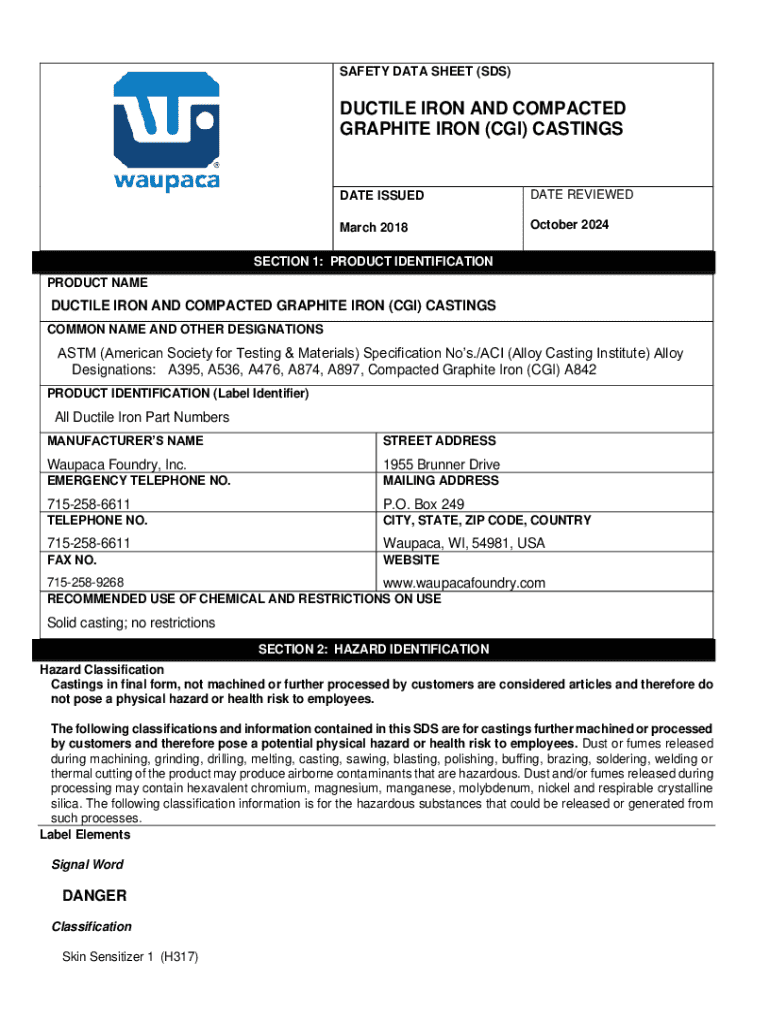 Fillable Online safety data sheet (sds) - ductile iron Fax Email Print ...