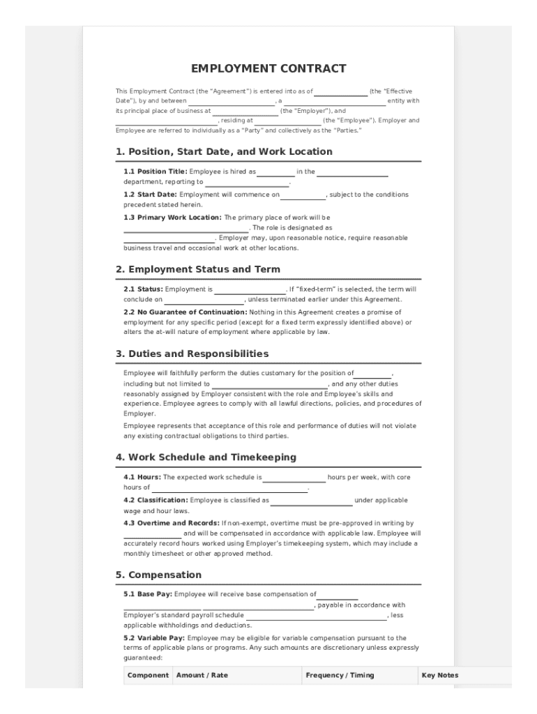 Employment Contract - Blank Fillable Template | Fill Out, Print ...