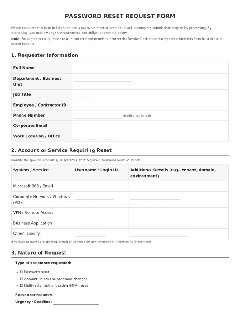 Password Reset Request Form - Blank Fillable Template | Fill Out, Print ...