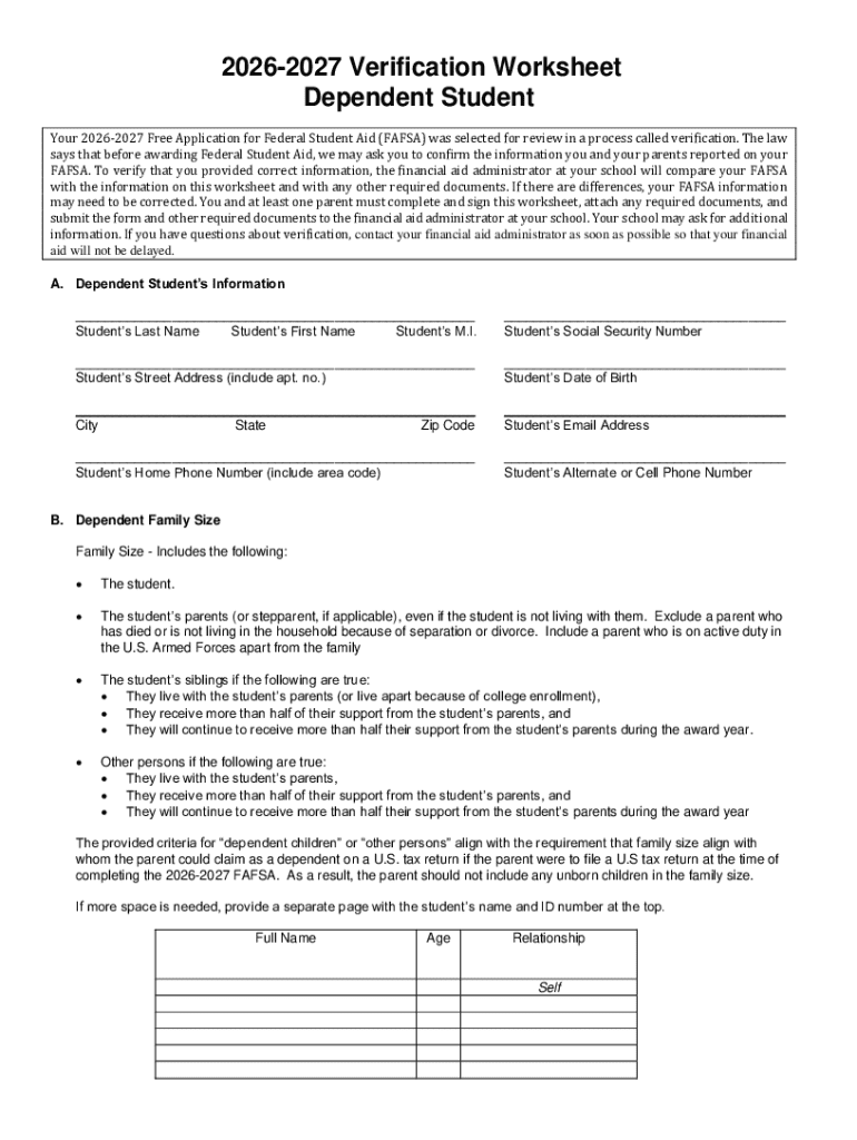 Fillable Online 20262027 Award Year: FAFSA Information to be Verified ... Fax Email Print ...