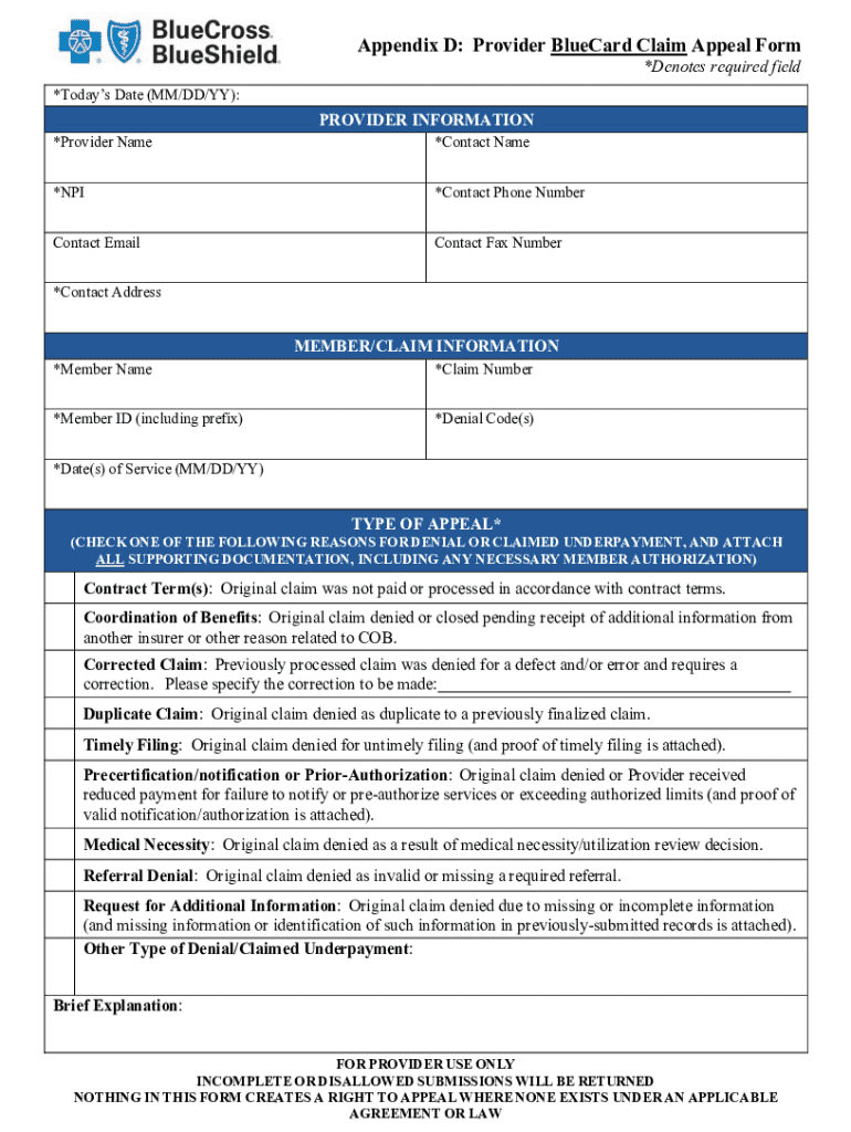 Fillable Online BlueCard ClaimsProvider Post-Service Appeal Form Fax ...