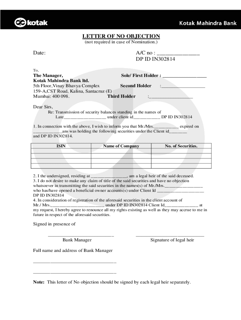 Fillable Online Letter of No Objection - Kotak Mahindra Bank Fax Email ...