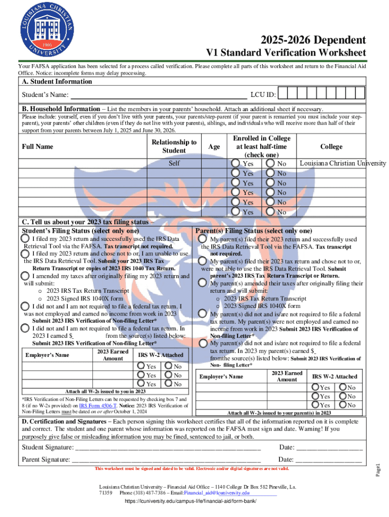 Fillable Online 2025-2026 V1 Dependent Verification Worksheet Fax Email Print - pdfFiller