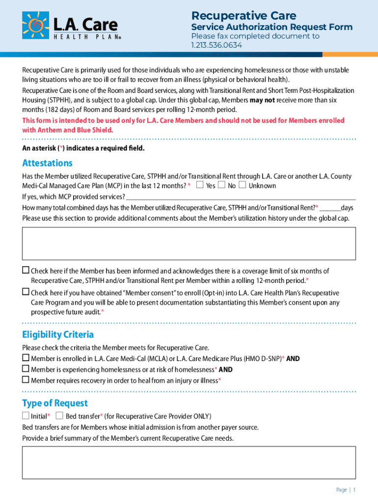 Fillable Online Recuperative Care Service Authorization Request Form. Recuperative Care Service ...