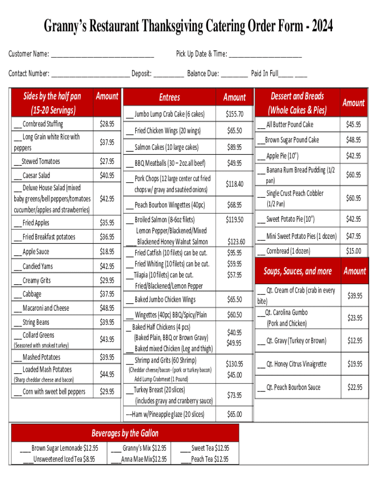 Fillable Online Granny's Restaurant Thanksgiving Catering Order Form ...