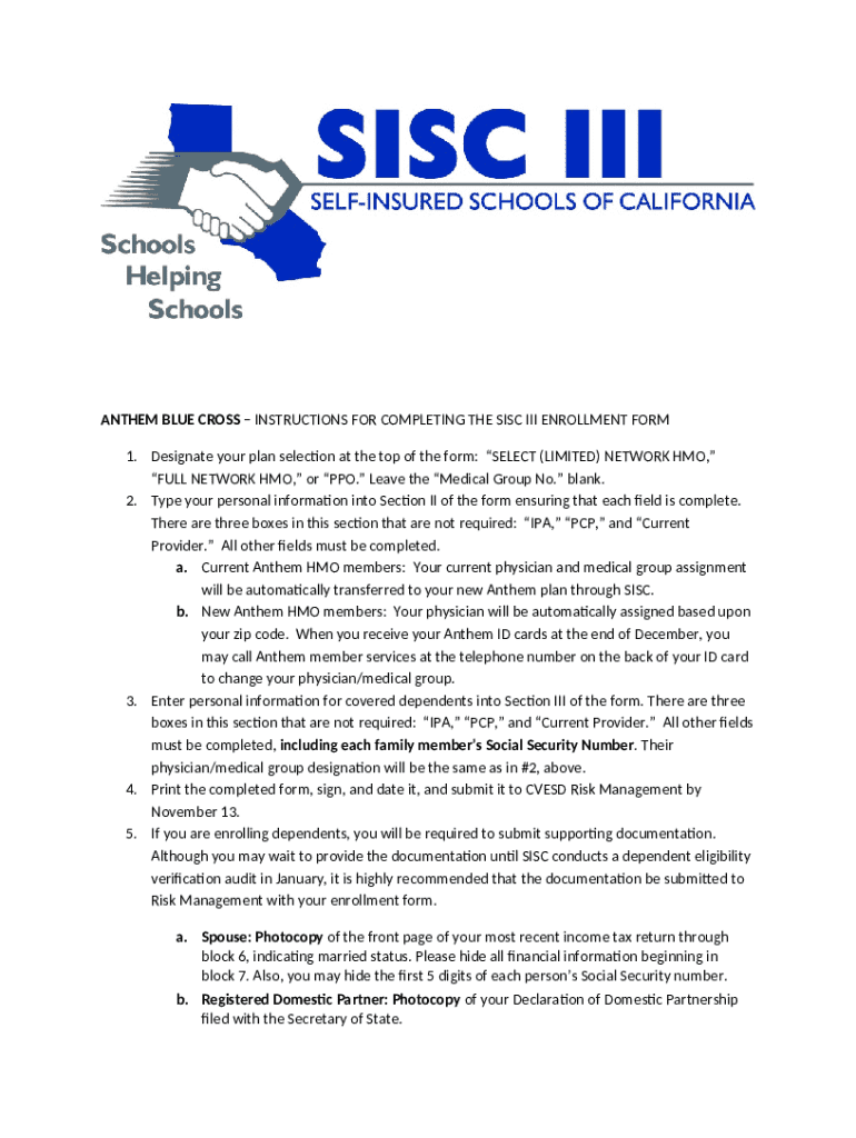 ANTHEM BLUE CROSS INSTRUCTIONS FOR COMPLETING THE SISC III ENROLLMENT ...