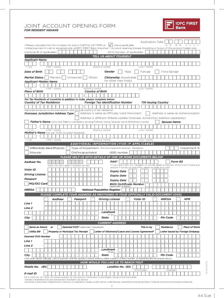Fillable Online Free Joint Account Opening Form Template Fax Email ...