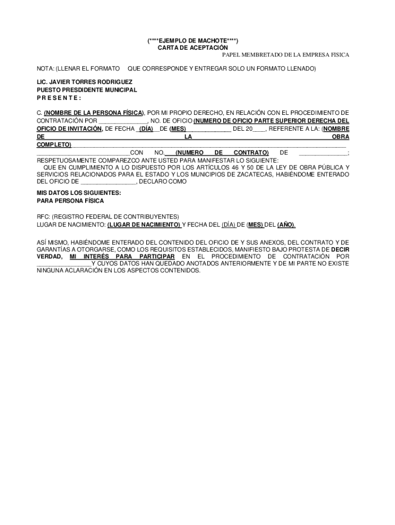 Rellenable en línea (****EJEMPLO DE MACHOTE****) CARTA DE ACEPTACIN ...