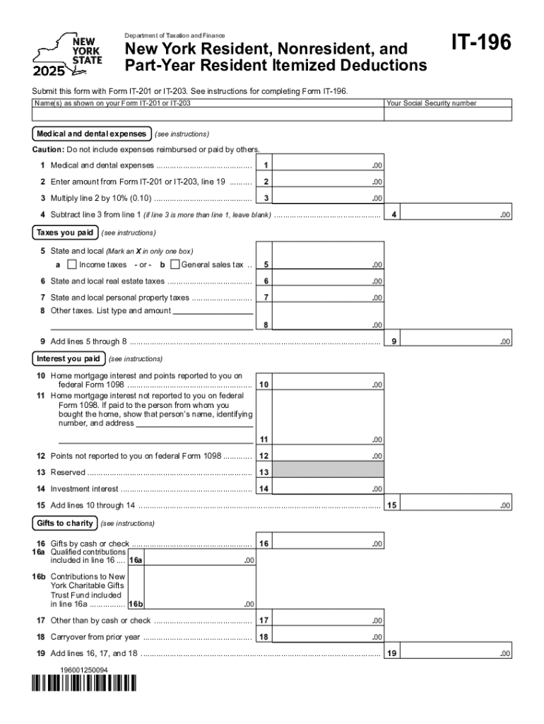 Form IT-196 New York Resident, Nonresident, and Part-Year Resident Itemized Deductions Tax Year ...