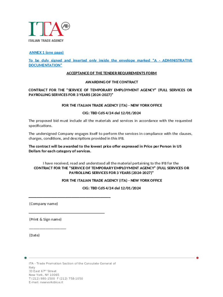 Acceptance of Tender Requirements Form - Blank Fillable Template | Fill ...