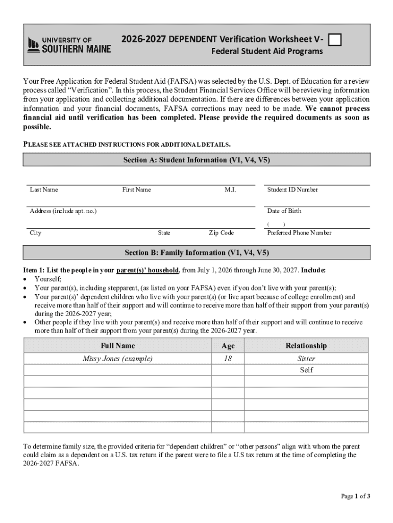 Fillable Online 2026-2027 DEPENDENT Verification Worksheet V- Fax Email ...