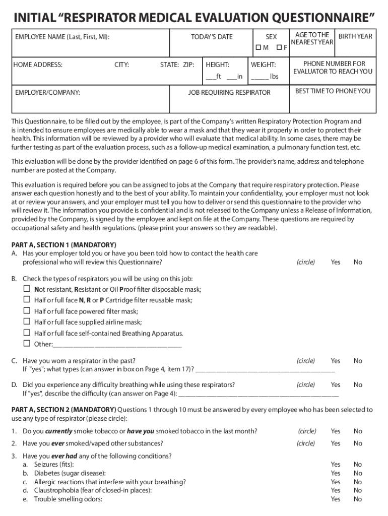 Fillable Online Respirator Medical Evaluation Questionnaire1 of 5 Fax ...