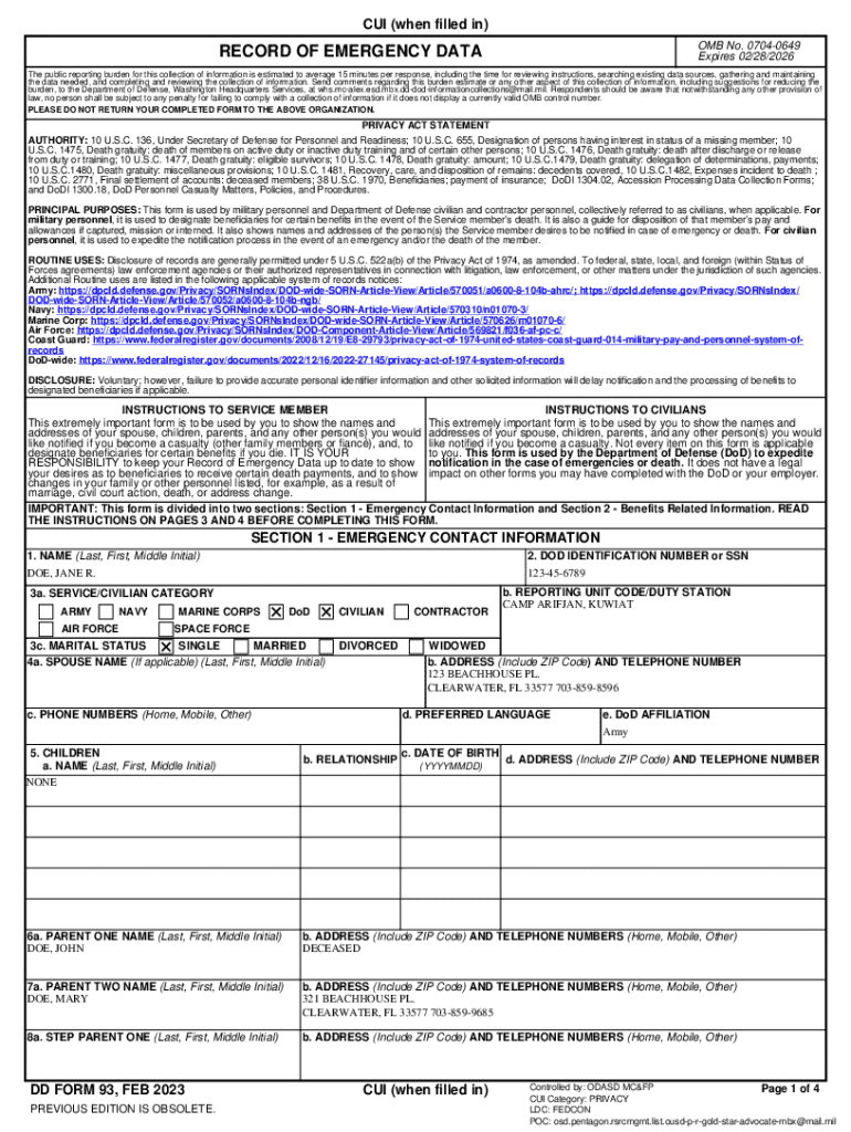Fillable Online DD Form 93: Record of Emergency Data (Updated 20241122 ...