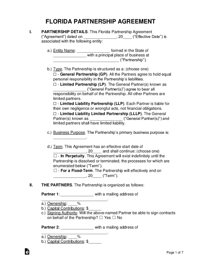 Florida Partnership Agreement - Fill Out, Sign & Share Online | pdfFiller