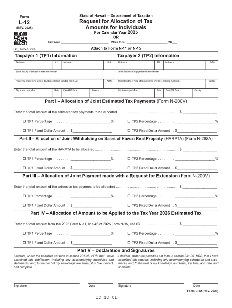 Hawaii Form L-12 Request for Allocation of Tax Amounts - Blank Fillable ...