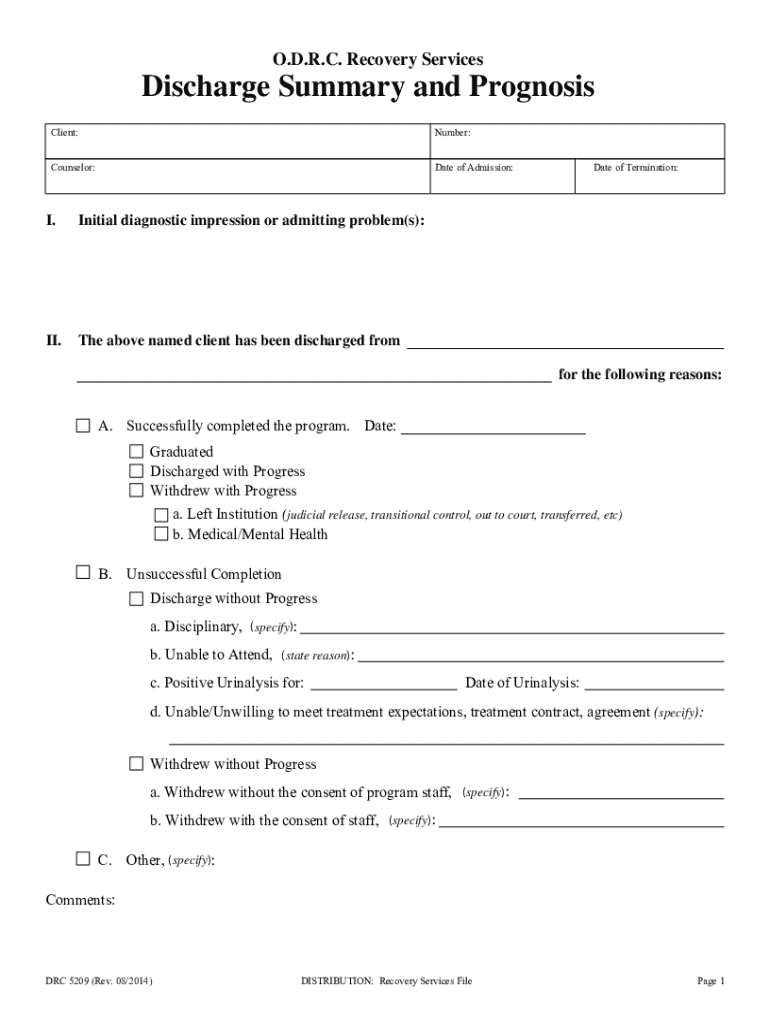 Fillable Online Discharge Summary and Prognosis - Ohio.gov Fax Email ...