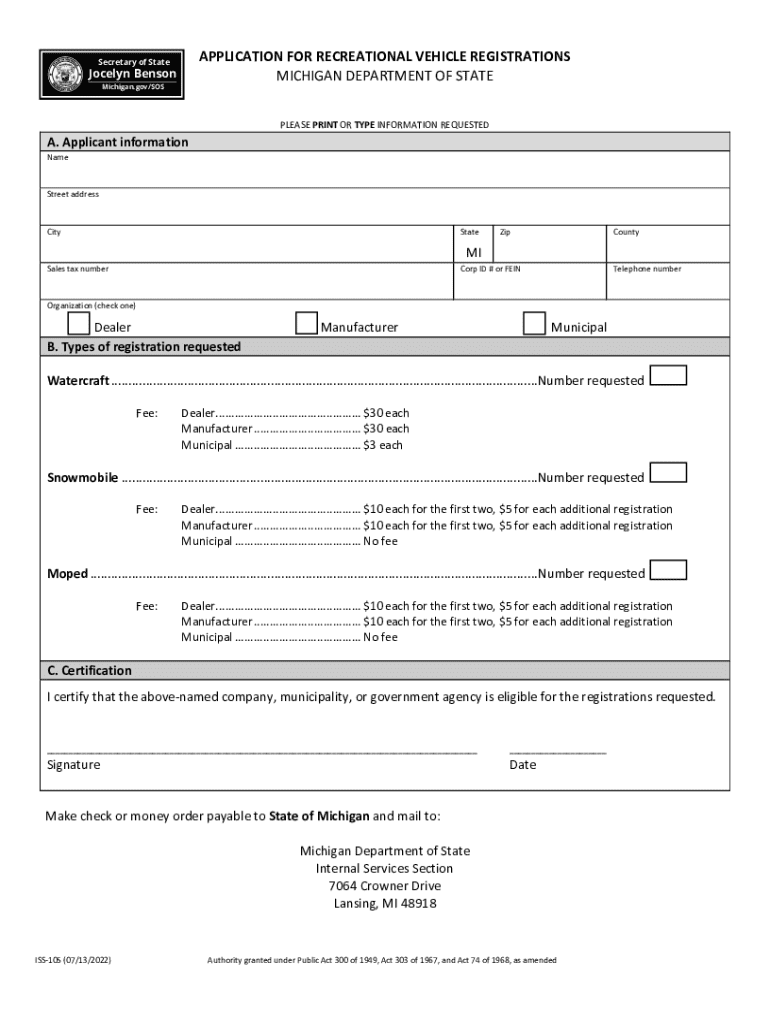 Fillable Online Application for Recreational Vehicle Registrations ...