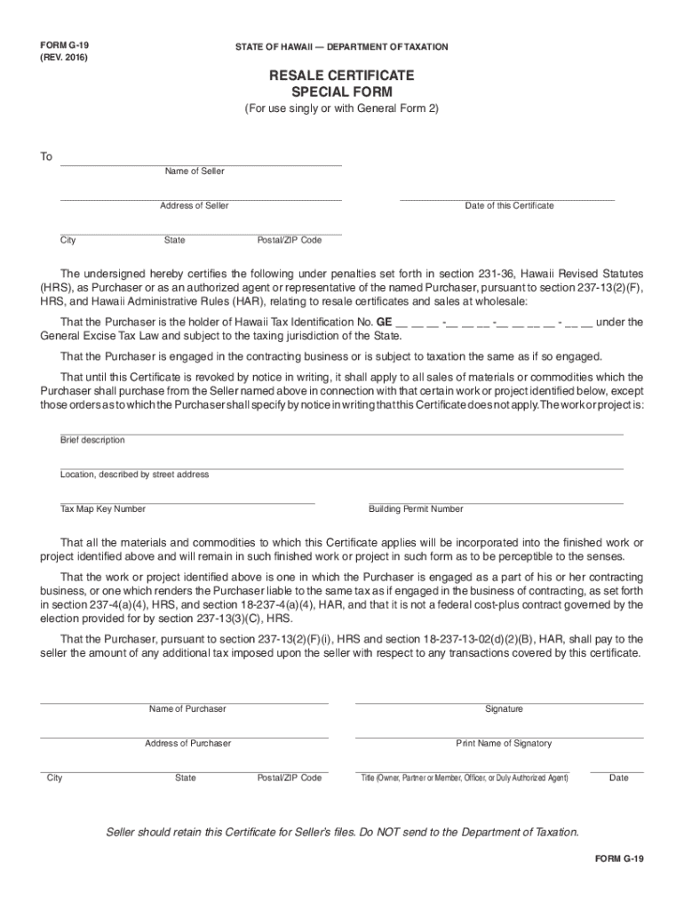 Fillable Online Fillable Online G19.PDF. Resale Certificate Special ...