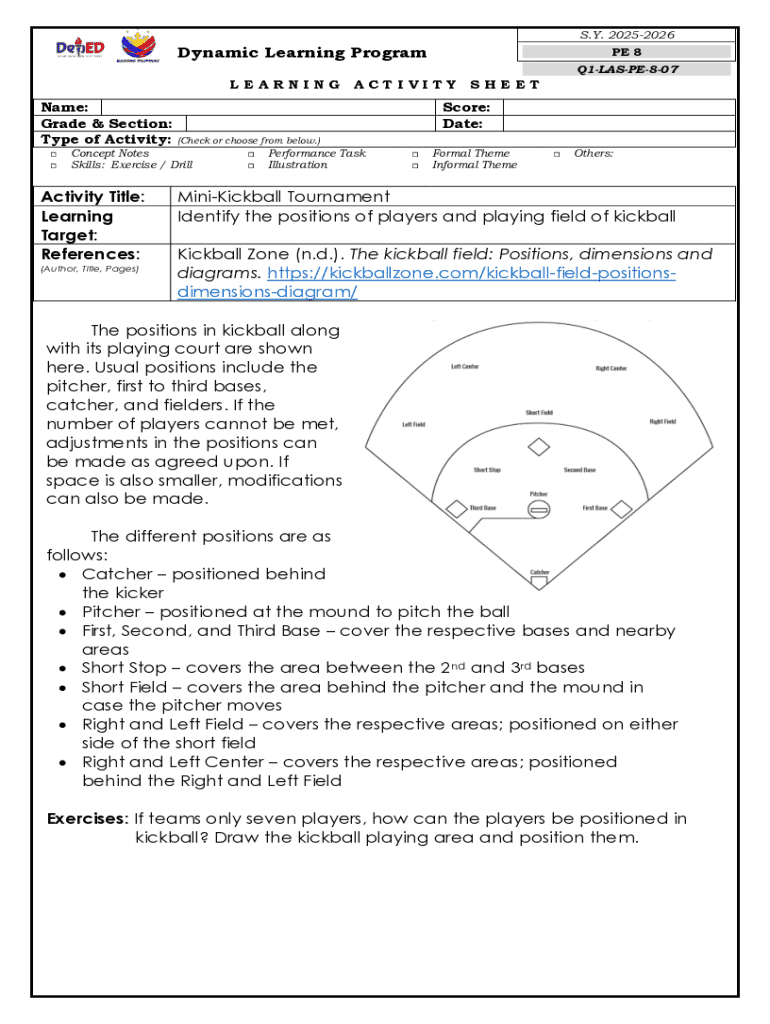 Learning Activity Sheet for Mini-Kickball Tournament - Blank Fillable ...